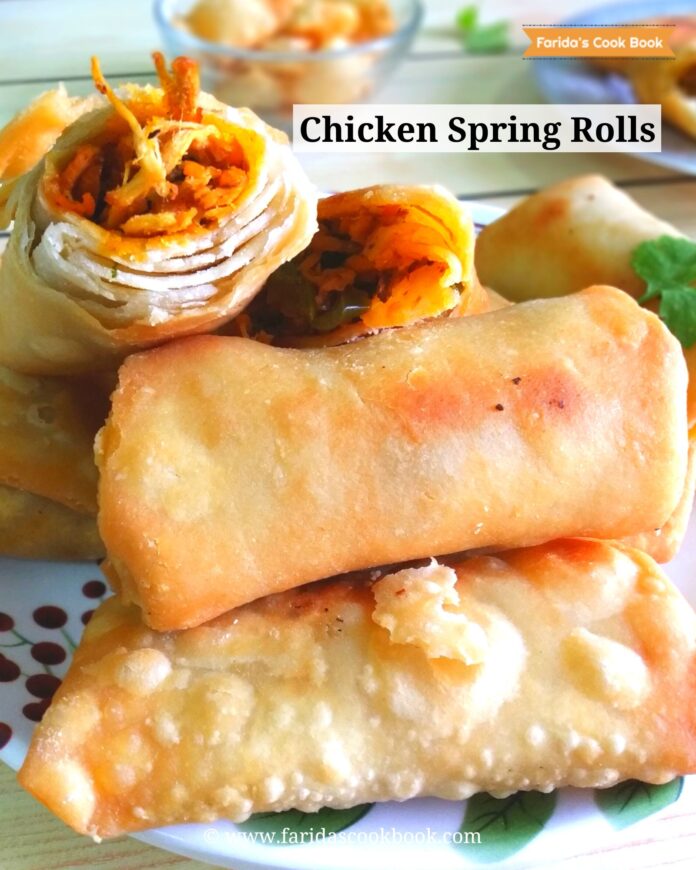 chicken spring rolls | how to make chicken spring roll recipe ...